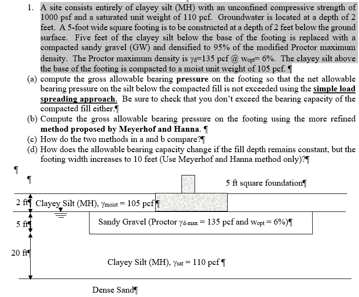 Solved 1. A site consists entirely of clayey silt (MH) with | Chegg.com