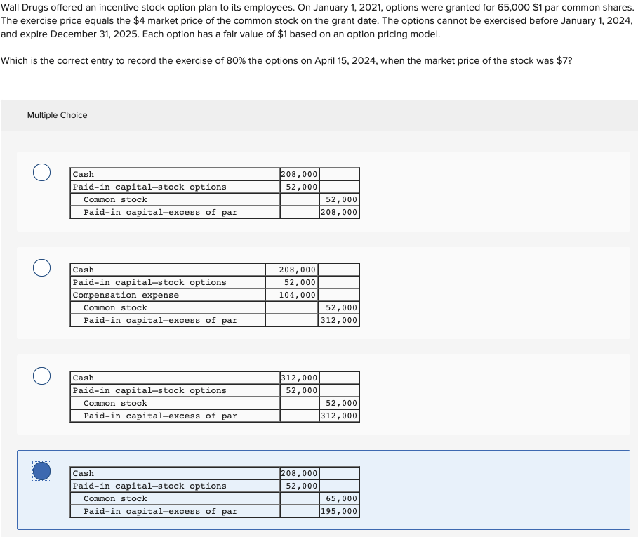 Solved Wall Drugs offered an incentive stock option plan to | Chegg.com