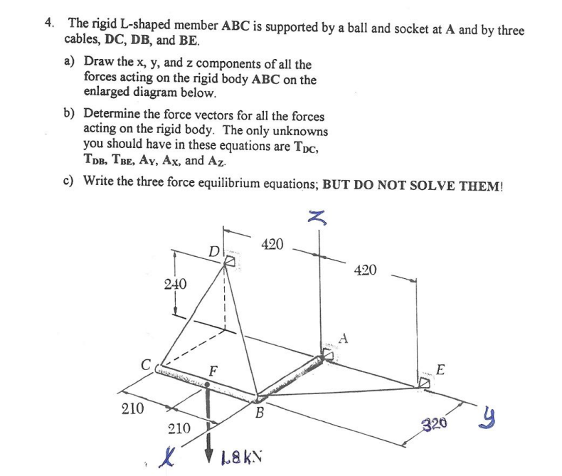 [Solved]: 4. The rigid L-shaped member ABC is supported by
