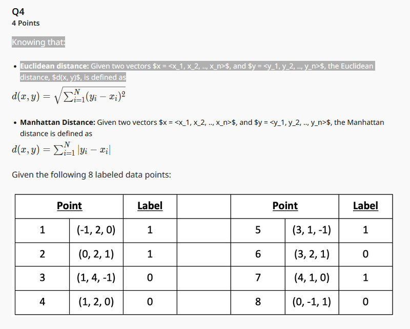 d(x,y)=∑i=1N(yi−xi)2 - Manhattan Distance: Given two | Chegg.com