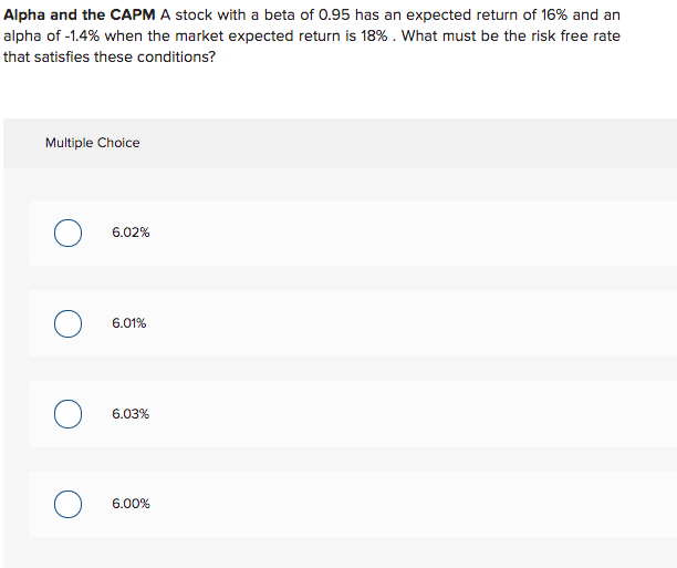 Solved Alpha and the CAPM A stock with a beta of 0.95 has an | Chegg.com