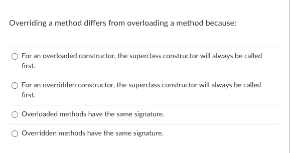 Solved Overriding a method differs from overloading a method | Chegg.com