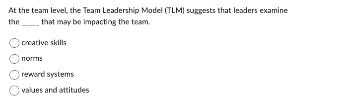 Solved At the team level, the Team Leadership Model (TLM) | Chegg.com