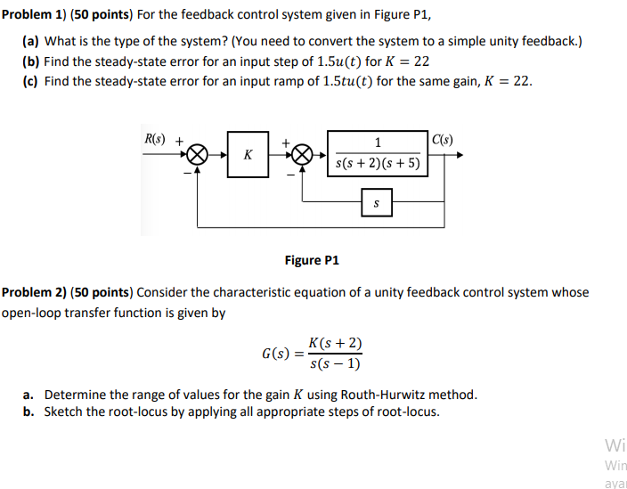 Solved Problem 1) (50 points) For the feedback control | Chegg.com
