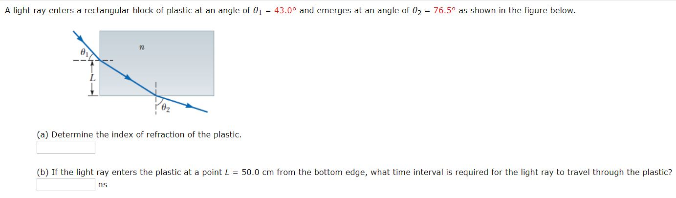 Solved A light ray enters a rectangular block of plastic at | Chegg.com