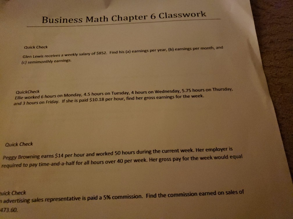 Solved Business Math Chapter 6 Classwork Quick Check Glen | Chegg.com