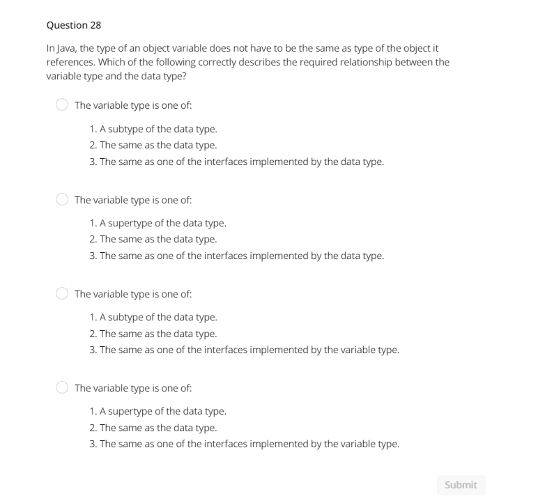 Solved Question 28 In Java, the type of an object variable | Chegg.com