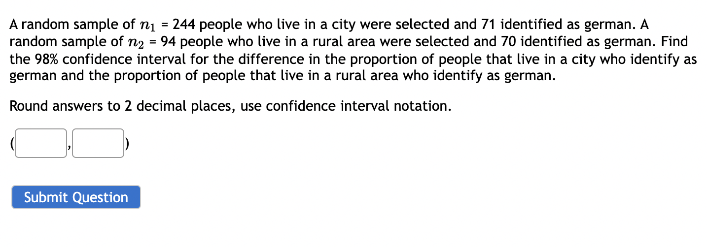 Solved A random sample of n1=244 people who live in a city | Chegg.com