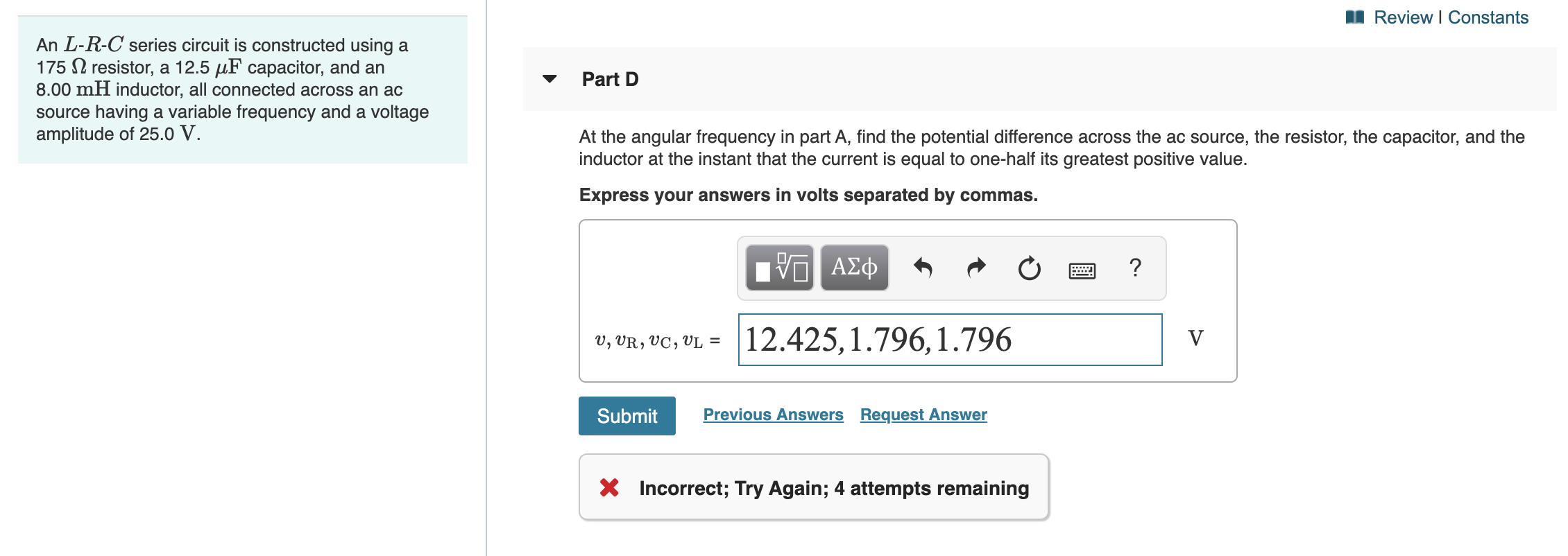 Solved Review I Constants An L-R-C series circuit is | Chegg.com