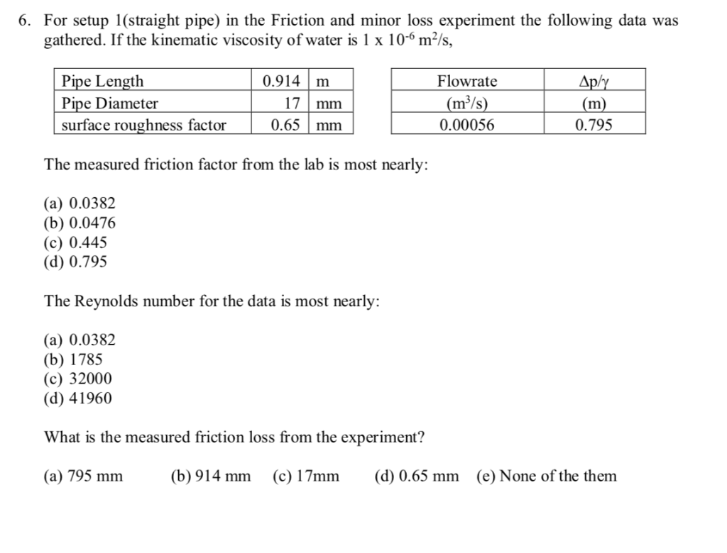 Solved 6. For setup l(straight pipe) in the Friction and | Chegg.com
