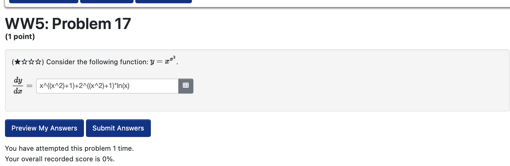 Solved WW5: Problem 17 (1 point) dxdy= You have attempted | Chegg.com Solved WW5: Problem 17 (1 point) dxdy= You have attempted | Chegg.com