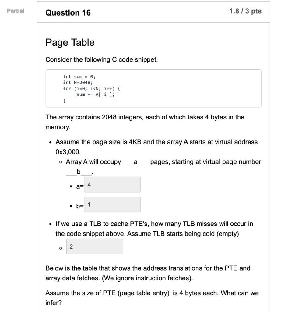 Solved Question 16 1.8/3 pts Page Table Consider the | Chegg.com
