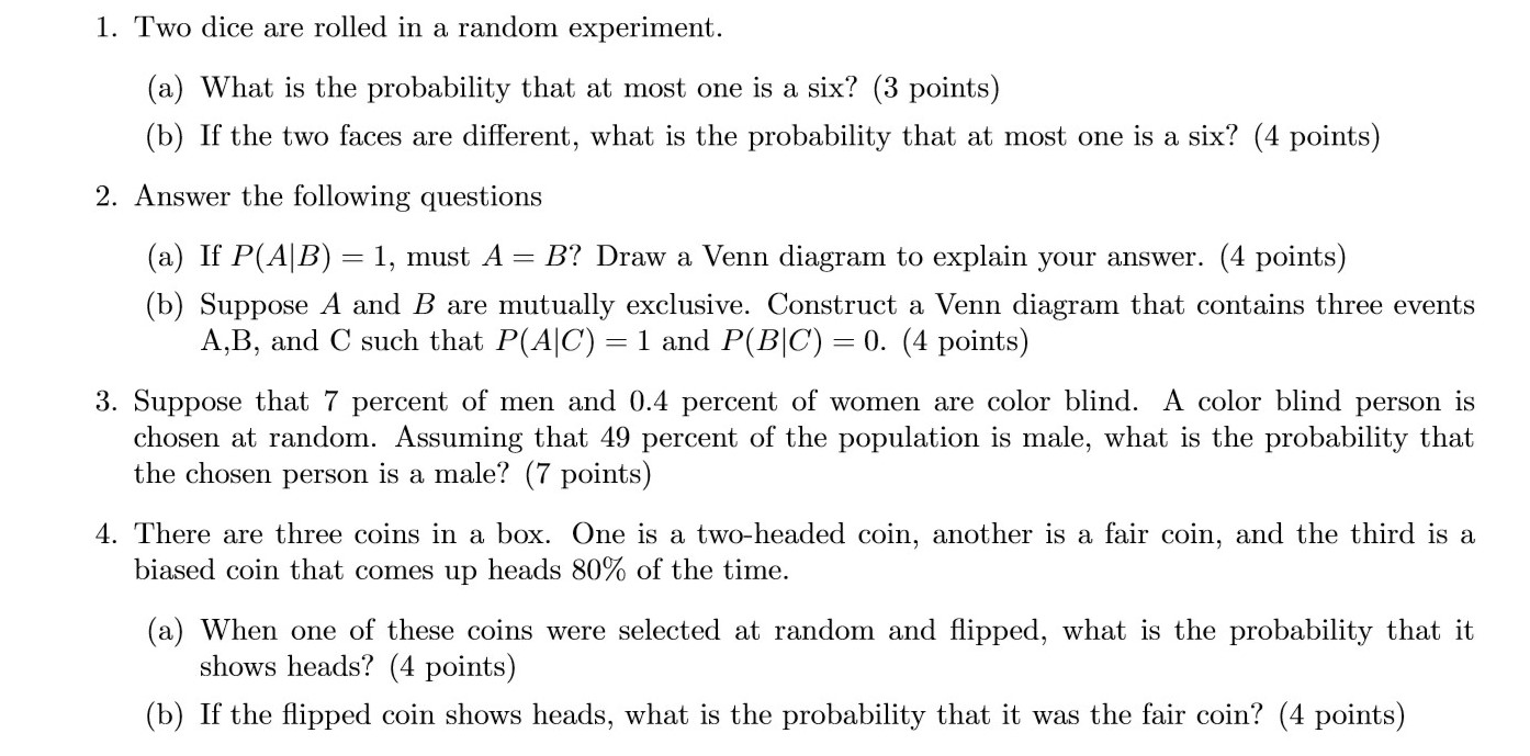 Solved 1. Two dice are rolled in a random experiment. (a) | Chegg.com