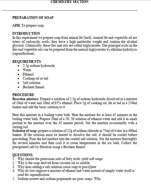 Solved CHEMISTRY SECTION PREPARATION OF SOAP AIM: To prepare | Chegg.com
