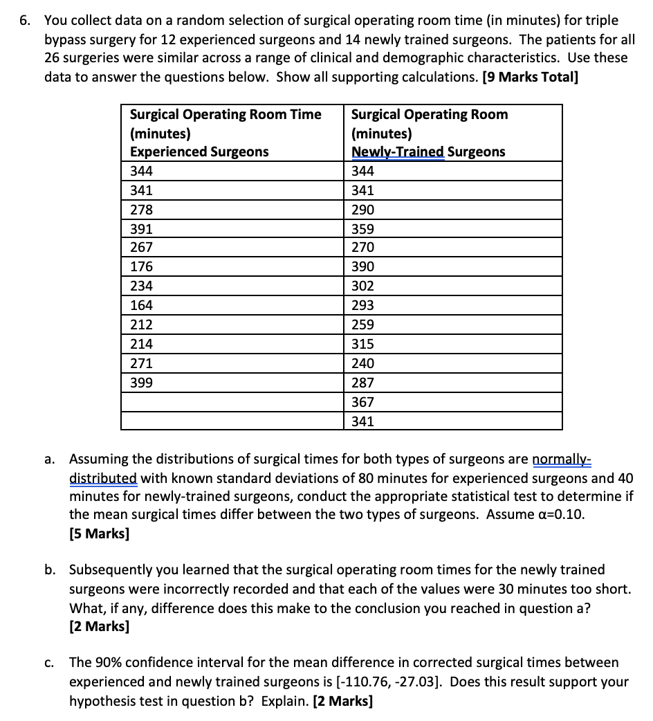 Solved 6. You collect data on a random selection of surgical | Chegg.com