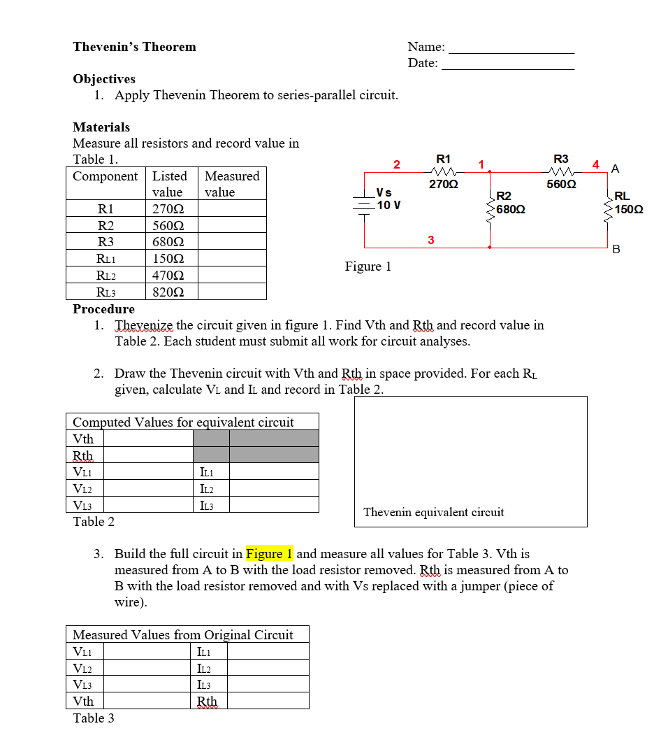 Solved Thevenin's Theorem Name: Date: Objectives 1. Apply | Chegg.com