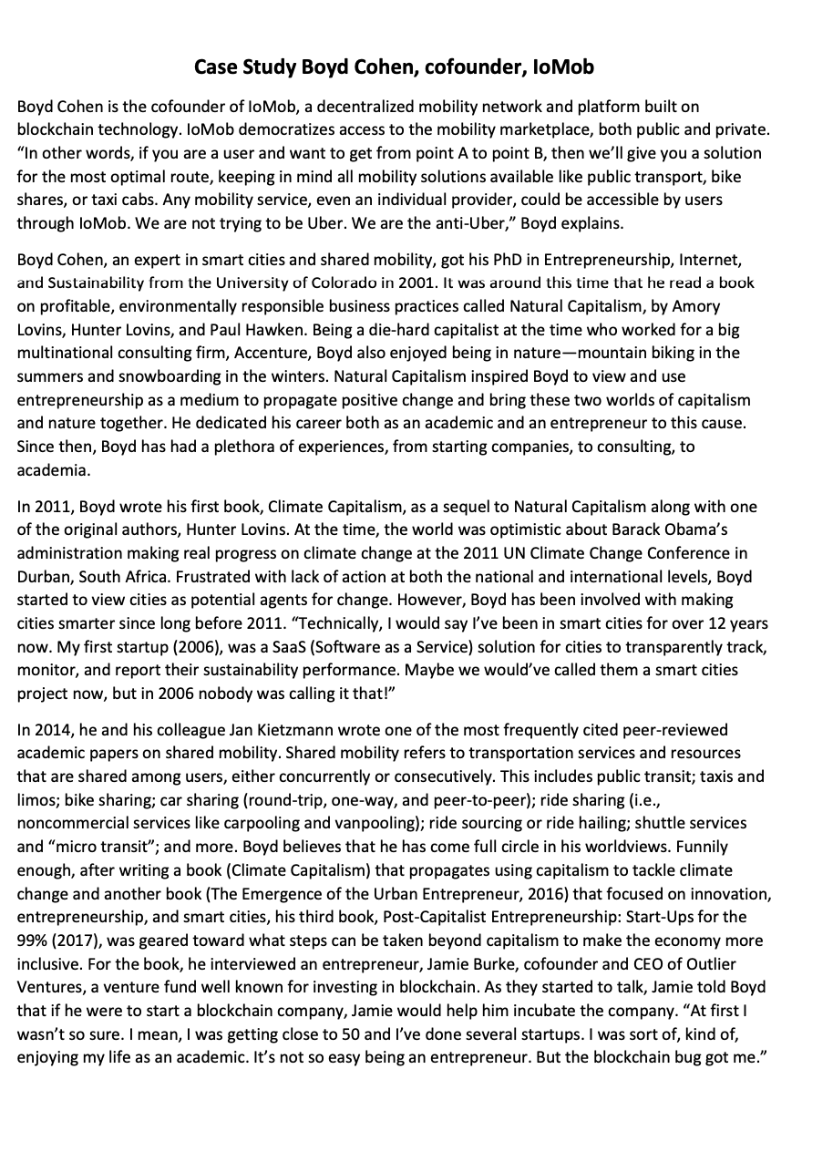 Solved Case Study Boyd Cohen, cofounder, IoMob Boyd Cohen is | Chegg.com
