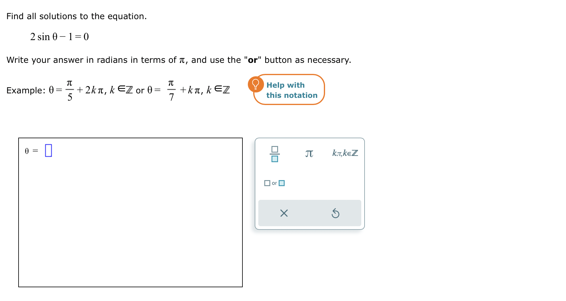 Solved Find all solutions to the equation.2sinθ-1=0Write | Chegg.com