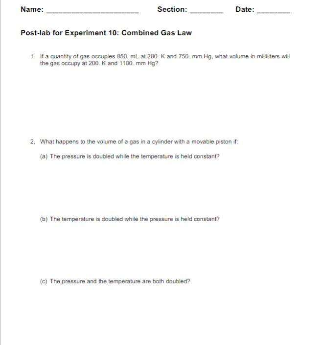 Solved Name: Section: Date: Post-lab for Experiment 10: | Chegg.com
