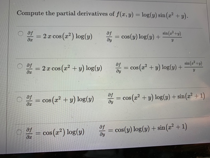 Solved Compute the partial derivatives of f(x, y) - log(u) | Chegg.com