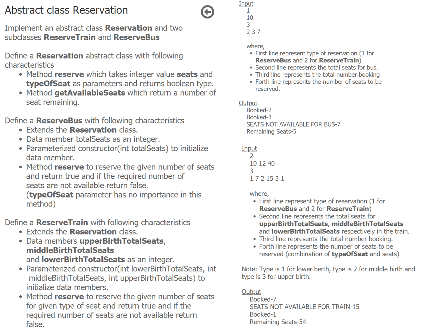 Solved Abstract class Reservation Input 1 10 3 237 Implement | Chegg.com