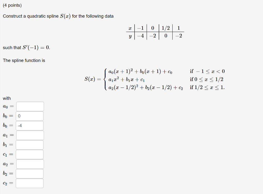 Solved (4 points) Construct a quadratic spline S(x) for the | Chegg.com