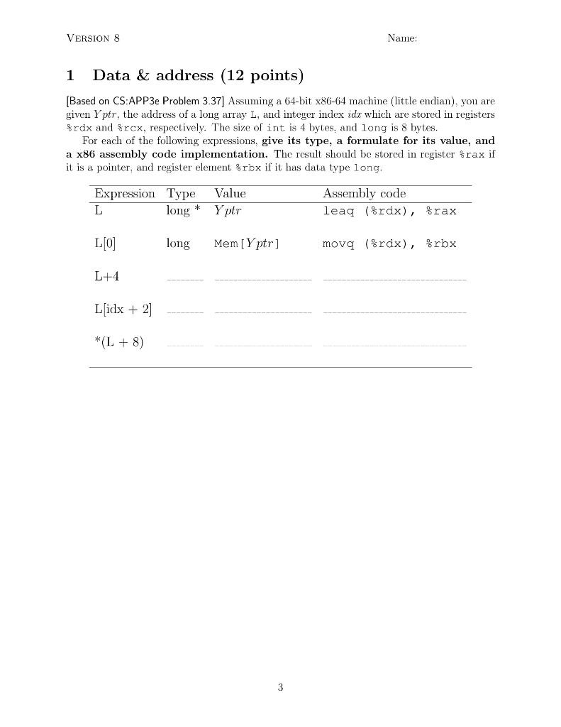 1 Data \& address (12 points) [Based on CS:APP3e | Chegg.com