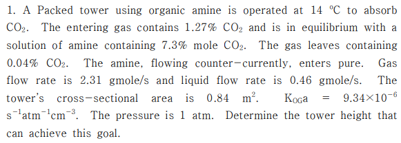 Solved 1. A Packed tower using organic amine is operated at | Chegg.com