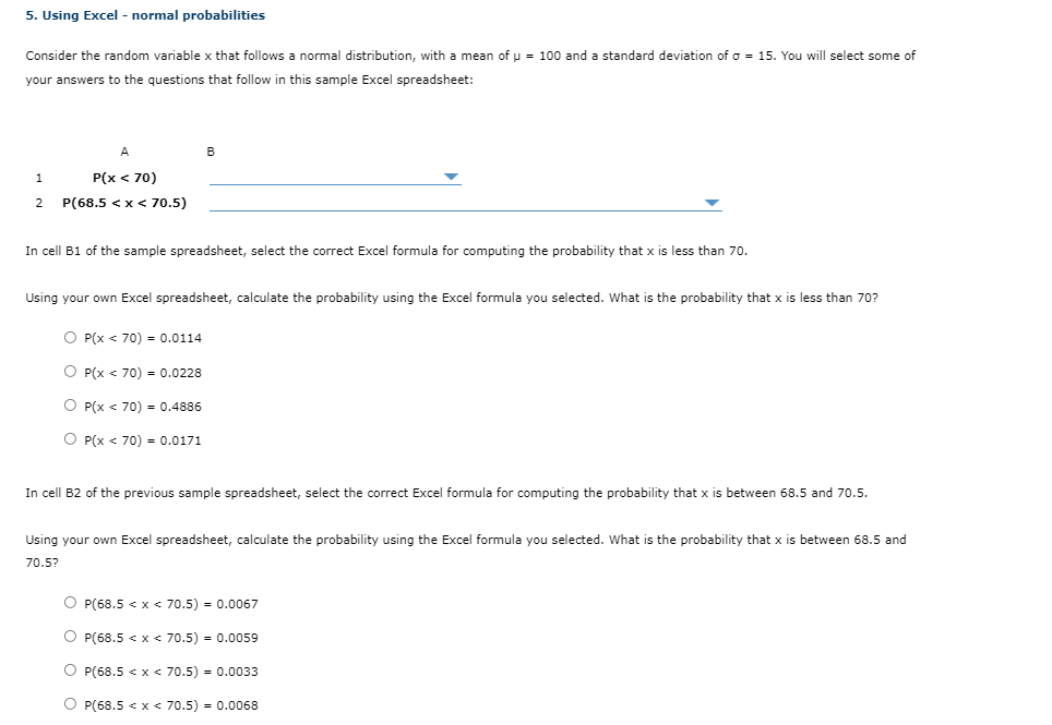Solved 5. Using Excel - normal probabilities Consider the | Chegg.com