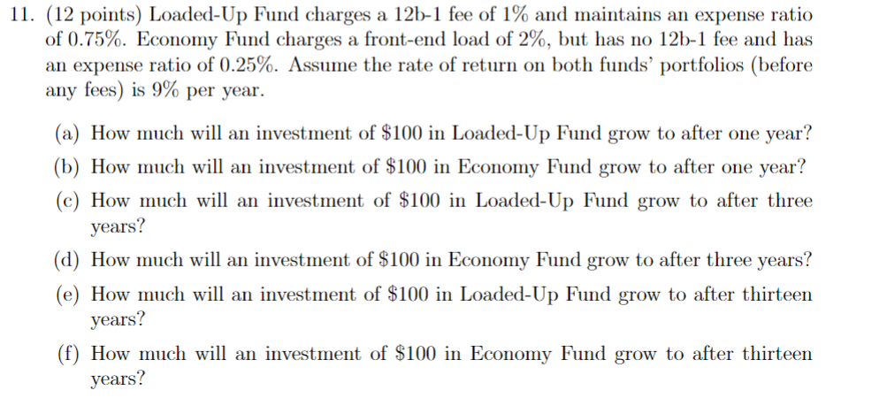 Solved 11. (12 points) Loaded-Up Fund charges a 12 b−1 fee | Chegg.com