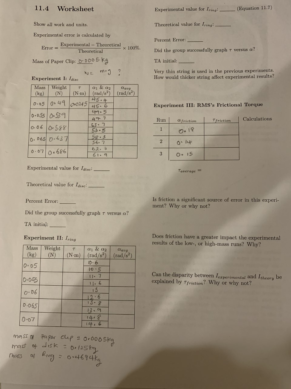 Solved 11.4 Worksheet Experimental value for Iring: | Chegg.com
