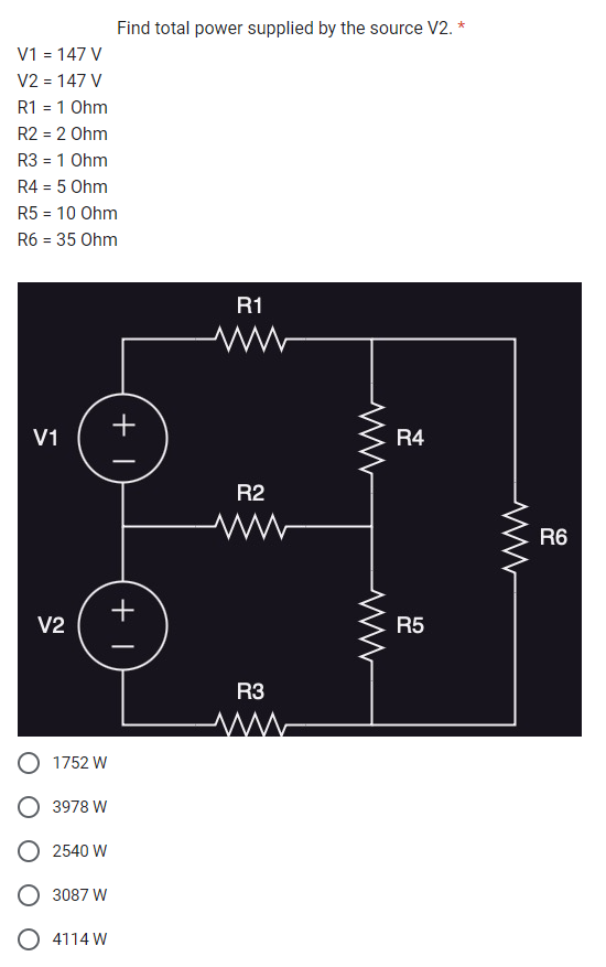 Solved Find total power supplied by the source V2. * V1=147 | Chegg.com