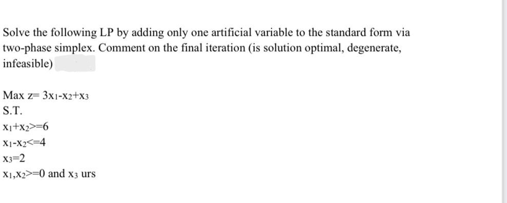 Solved Solve the following LP by adding only one artificial | Chegg.com