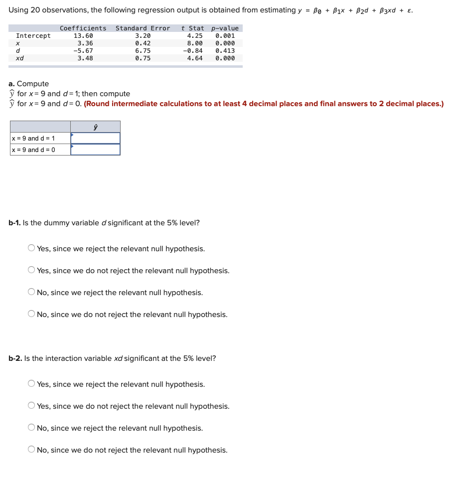 Solved Using 20 observations, the following regression | Chegg.com