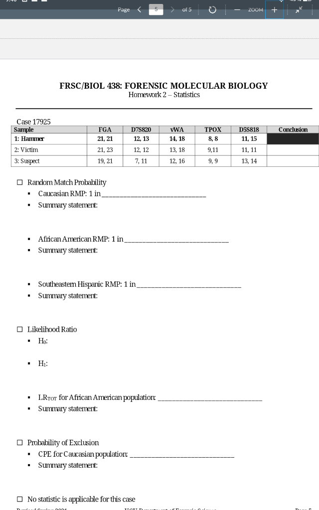 Page 5 of 5 ZOOM + FRSC/BIOL 438: FORENSIC MOLECULAR | Chegg.com