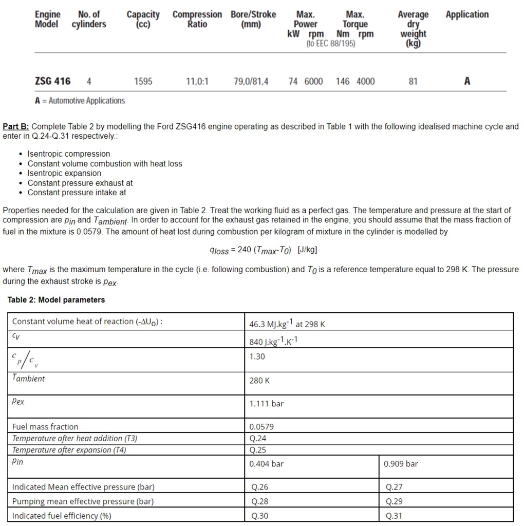 Part B: Complete Table 2 by modelling the Ford ZSG416 | Chegg.com