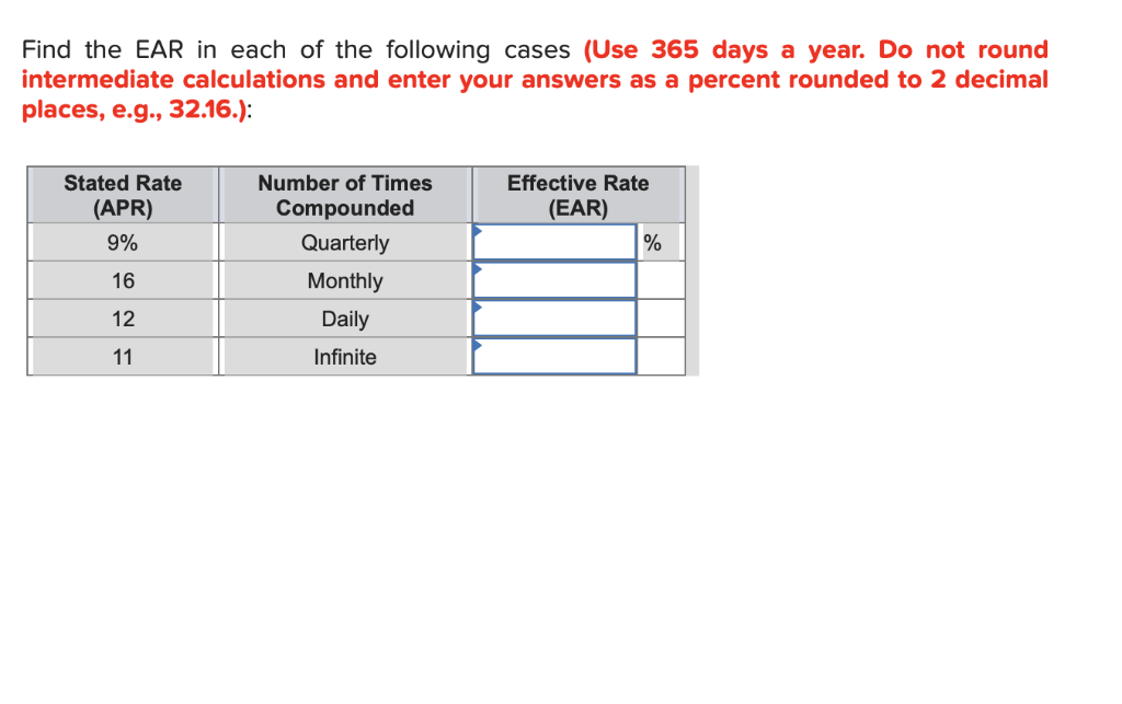 Solved Find the EAR in each of the following cases (Use 365 | Chegg.com