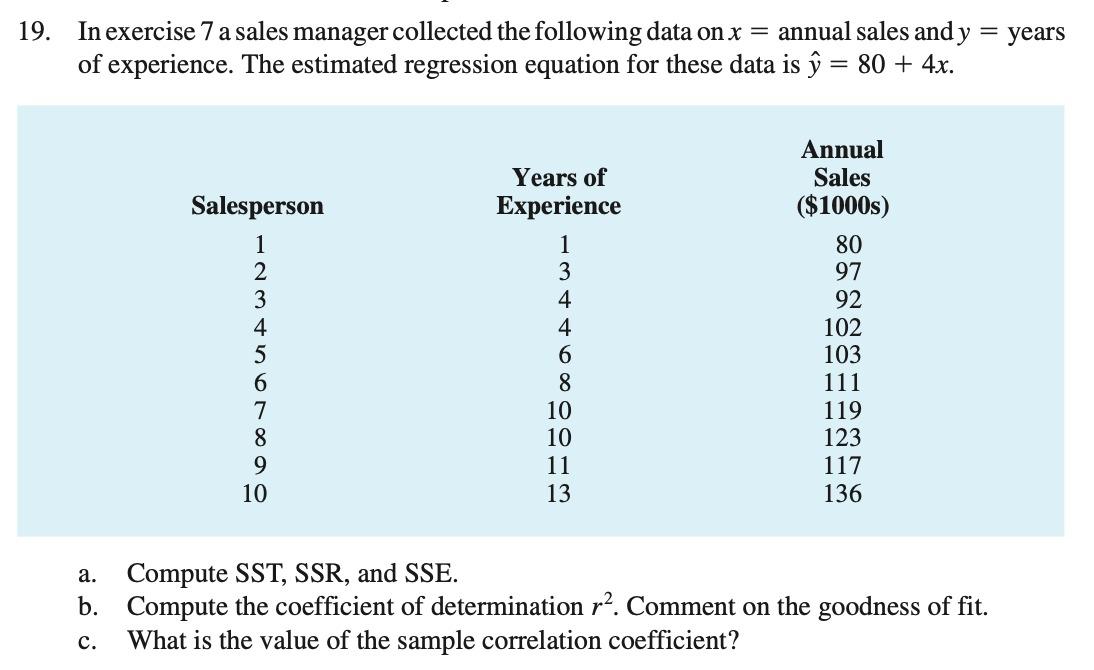 Solved 19. In exercise 7 a sales manager collected the | Chegg.com