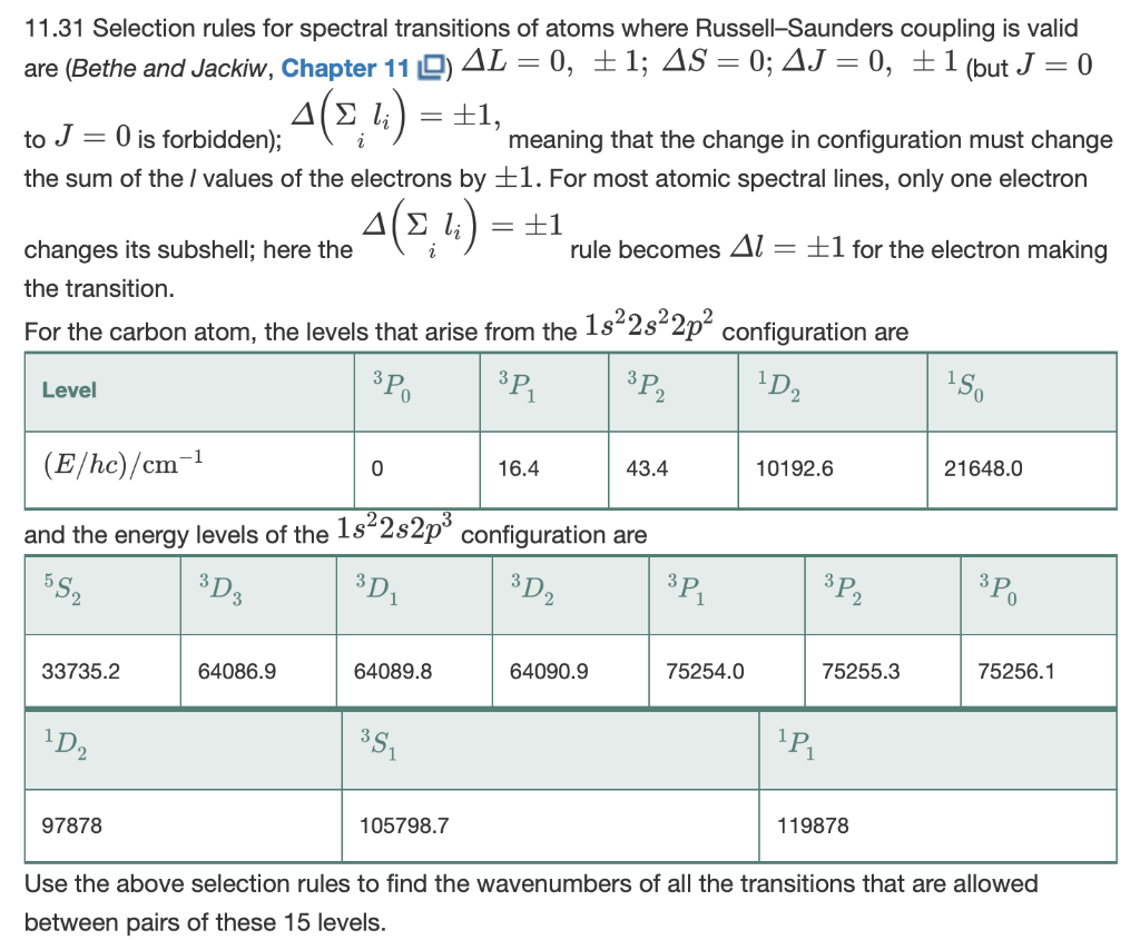 Solved 91) = +1, i 11.31 Selection rules for spectral | Chegg.com