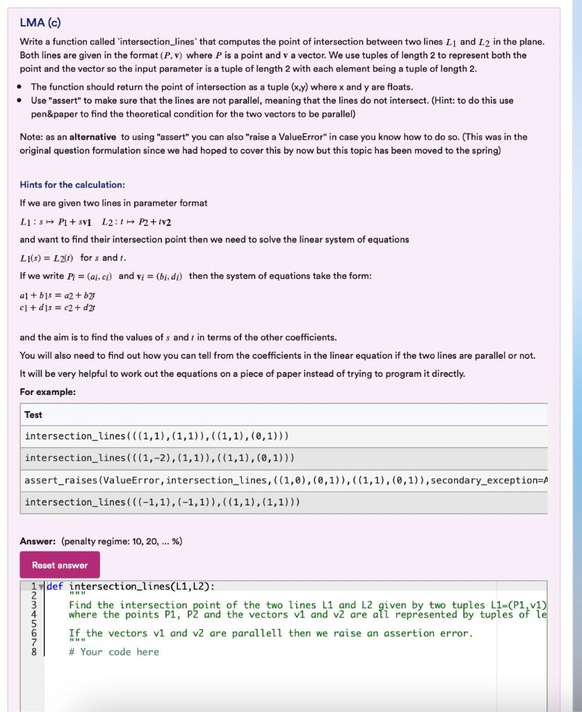 Solved LMA (c) Write a function called intersection_lines | Chegg.com