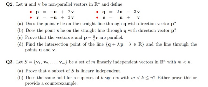 Solved Q2. Let u and v be non-parallel vectors in Rn and | Chegg.com