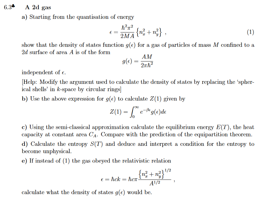 Solved A 2d gas a) Starting from the quantisation of energy | Chegg.com