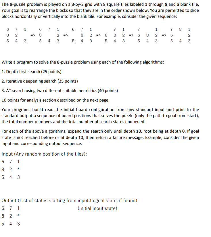 Solved The 8-puzzle problem is played on a 3 -by-3 grid with | Chegg.com
