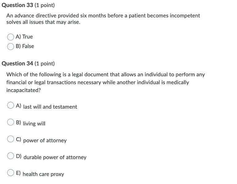 Solved Question 33 (1 point) An advance directive provided | Chegg.com
