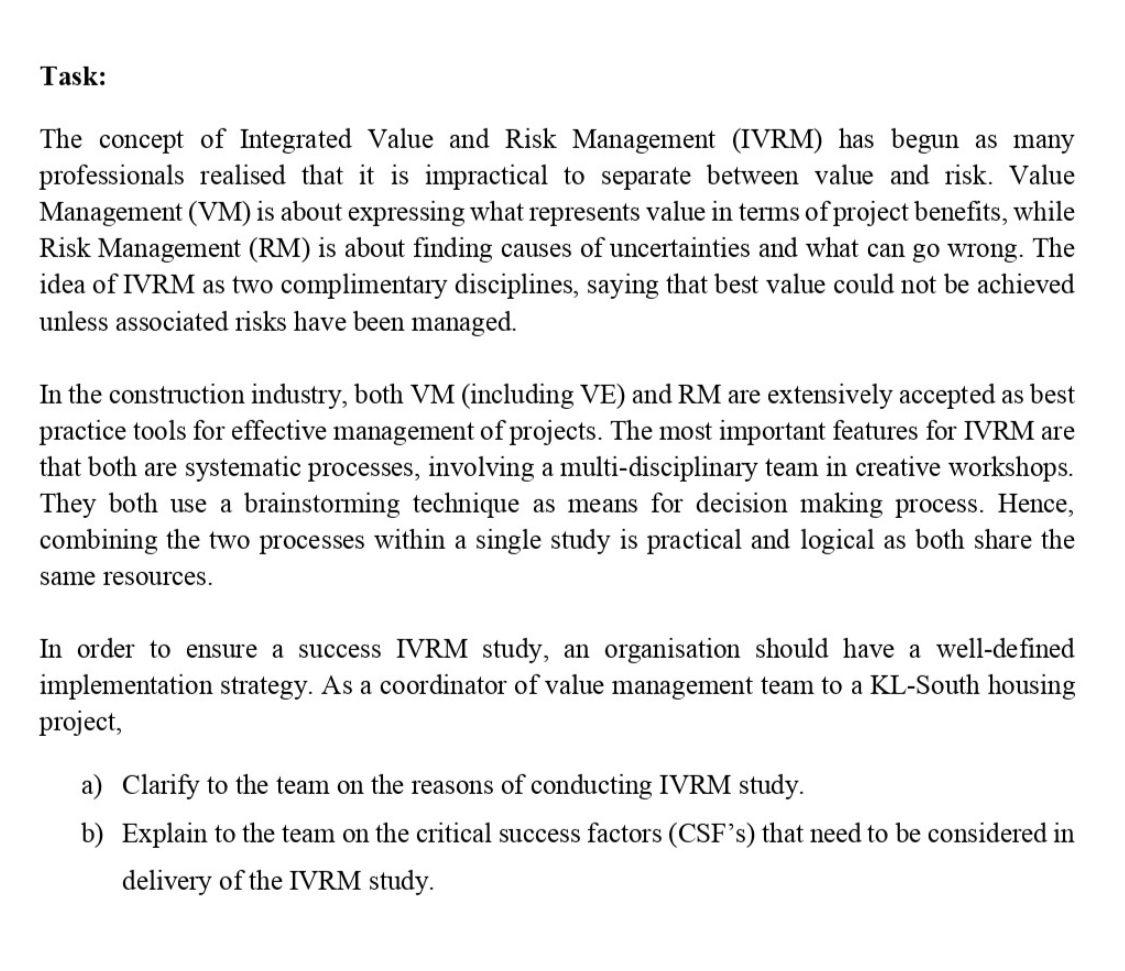 Solved Task: The concept of Integrated Value and Risk | Chegg.com