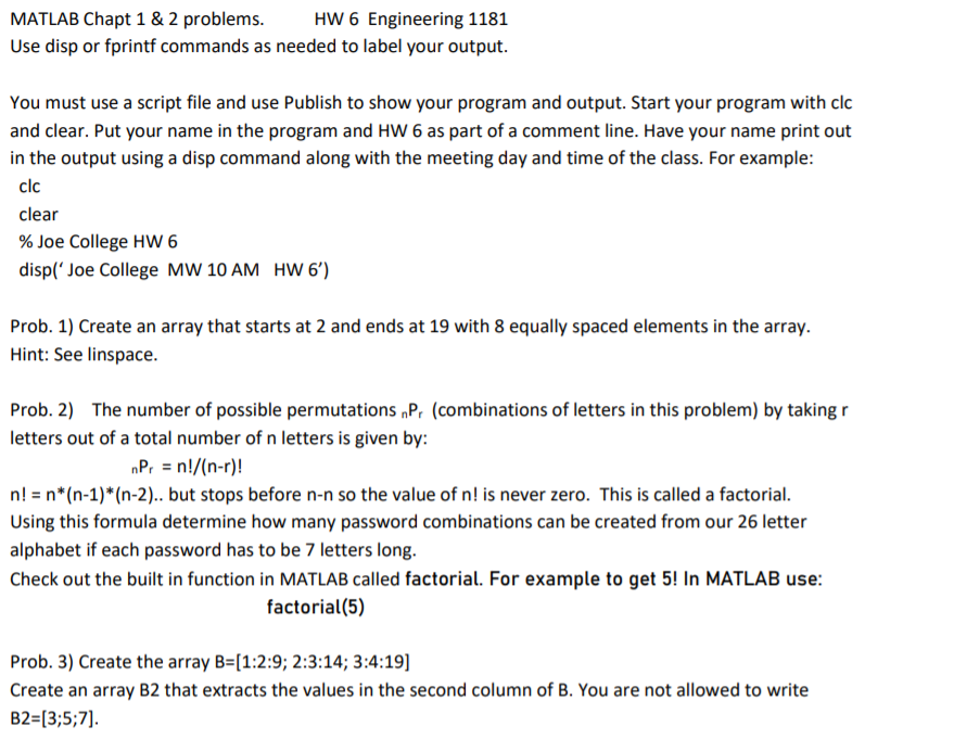 Solved Matlab Chapt 1 And 2 Problems Hw 6 Engineering 1181 