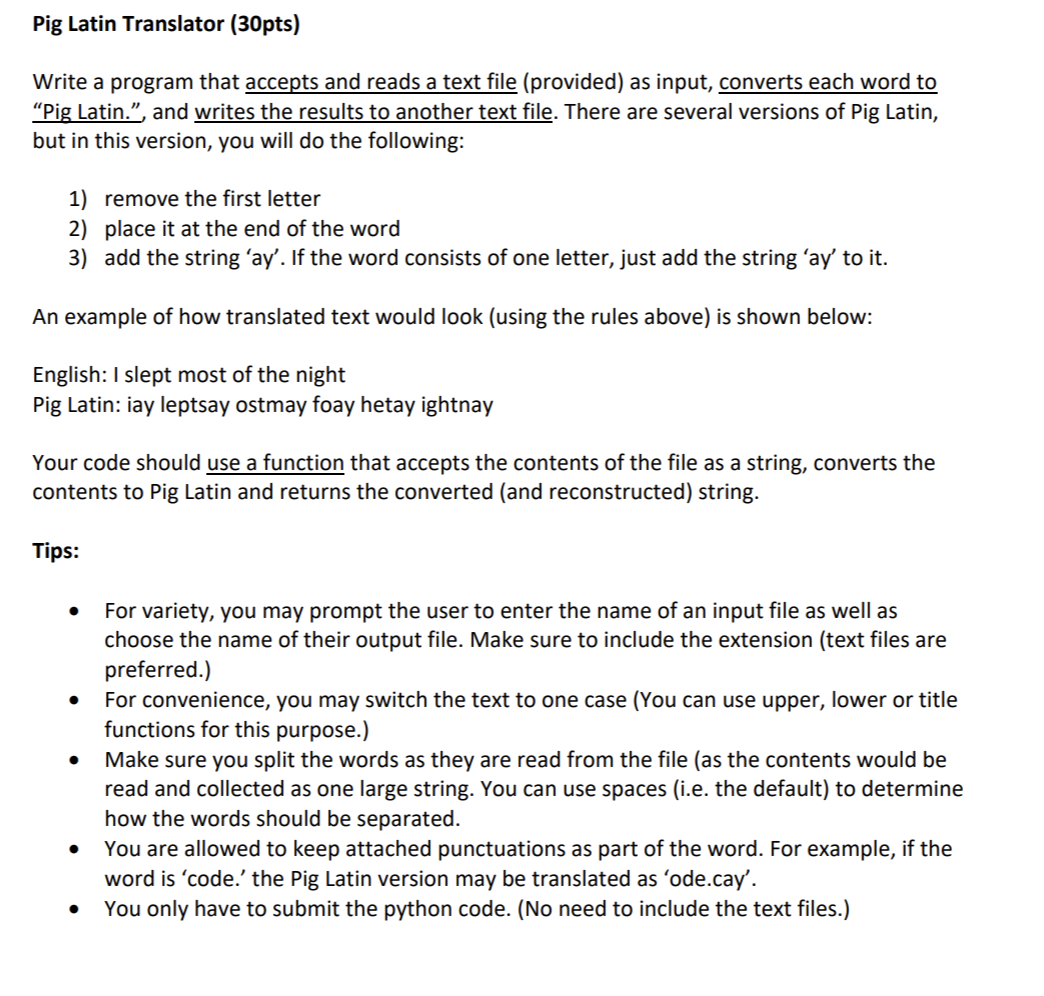 Solved Pig Latin Translator (30pts) Write a program that | Chegg.com