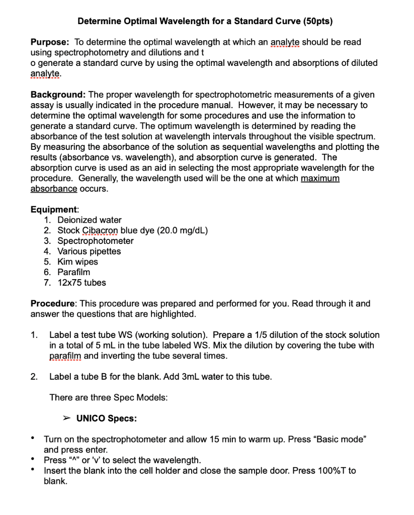 Determine Optimal Wavelength for a Standard Curve | Chegg.com