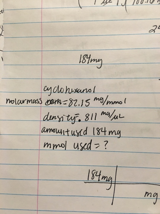 Solved 184mg cyclohexanol molar mass = 82.15 density = | Chegg.com