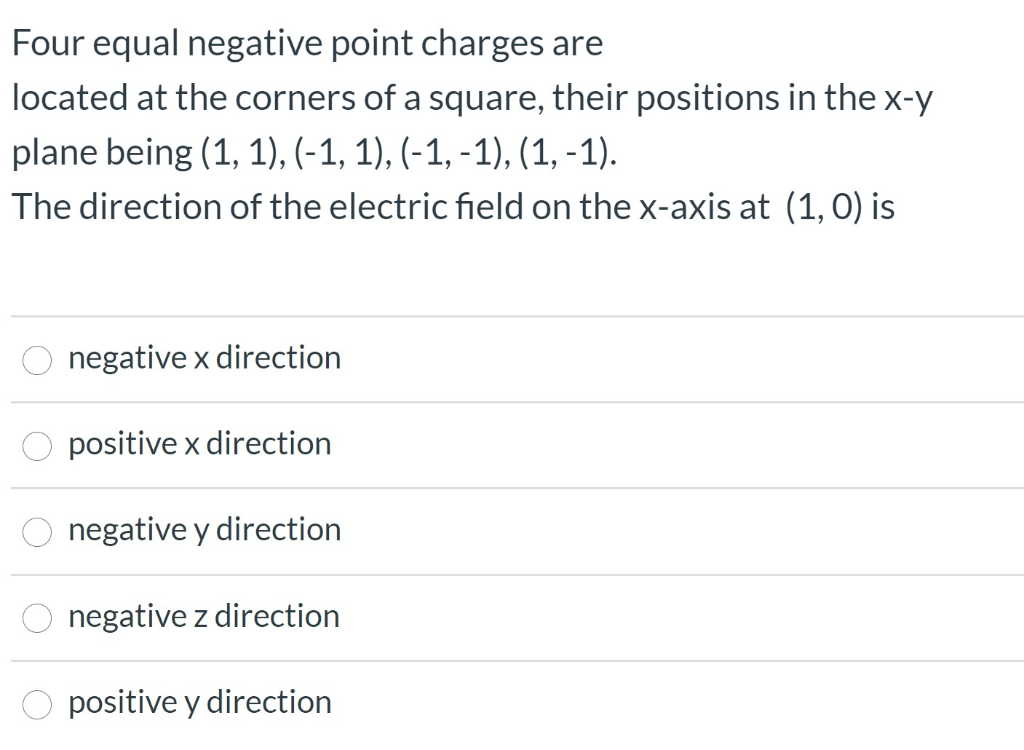 Solved Four equal negative point charges are located at the | Chegg.com